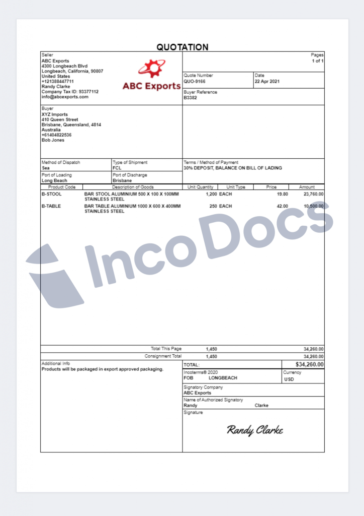 Create And Download A Quotation Document For Export Shipments IncoDocs
