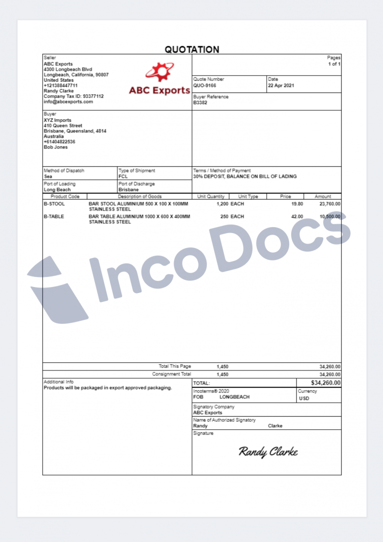 Create and Download a Quotation Document for Export Shipments | IncoDocs