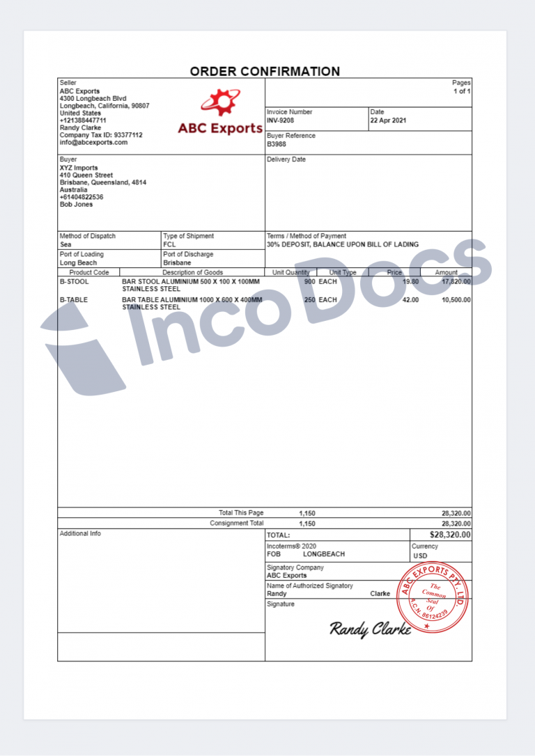 Order Confirmation Document for Import Export Shipments | IncoDocs