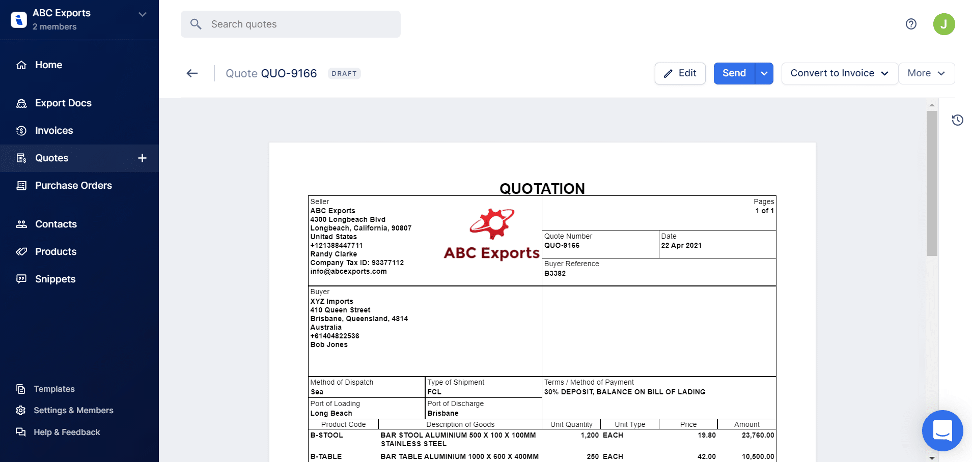 Create And Download A Quotation Document For Export Shipments IncoDocs