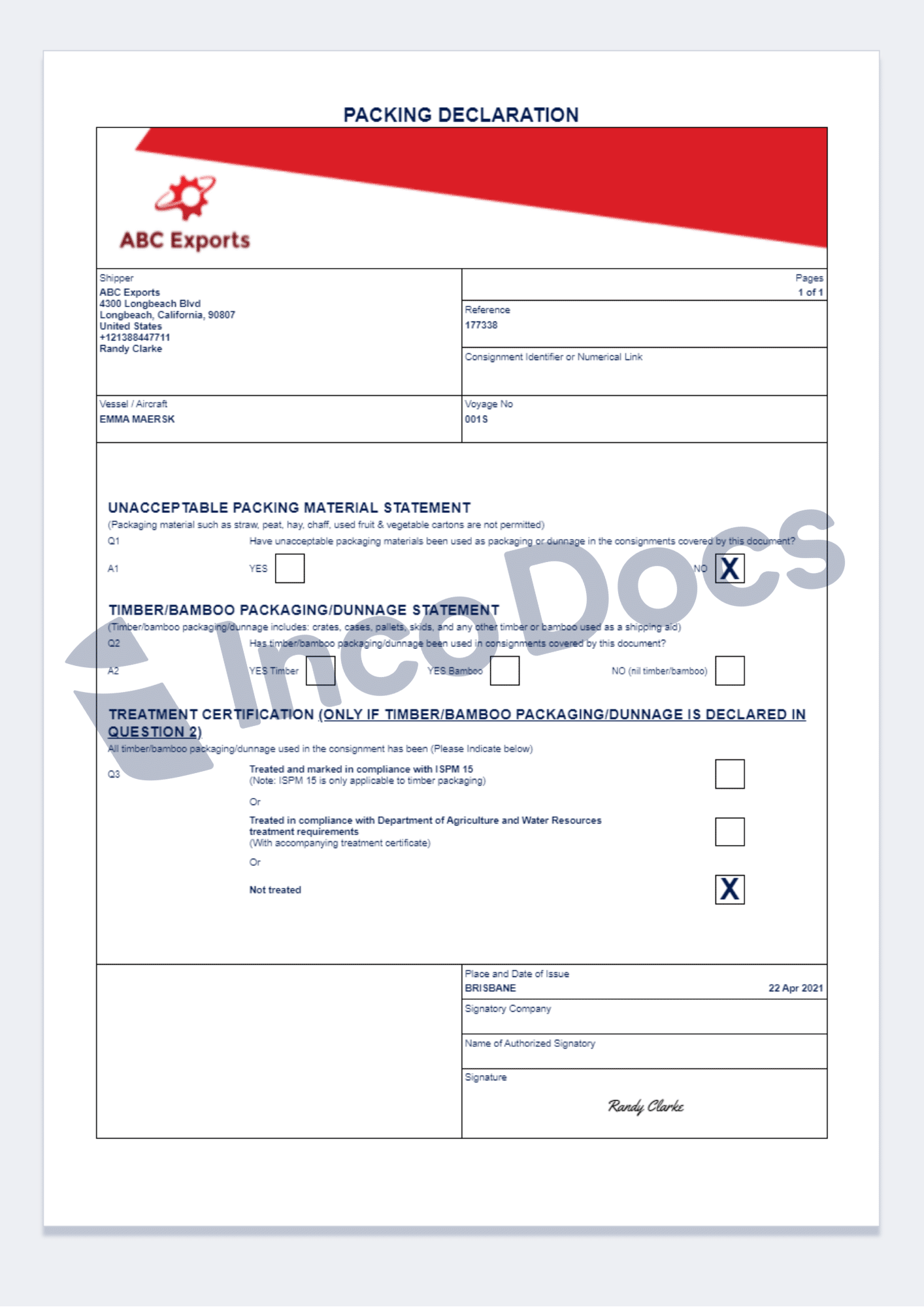 Create and Download a Packing Declaration Document ISPM15 | IncoDocs