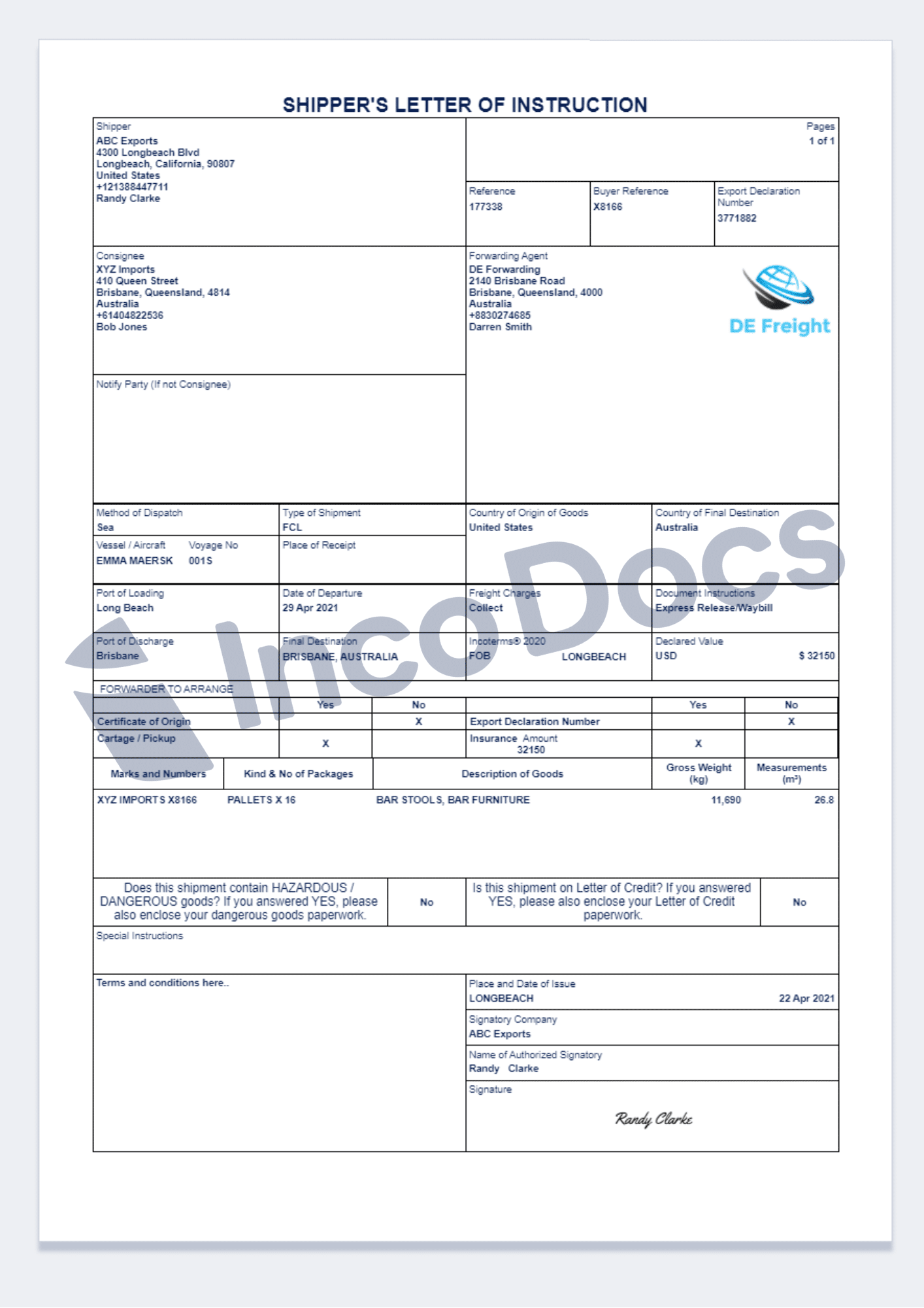 Shipping Letter Of Instruction Template